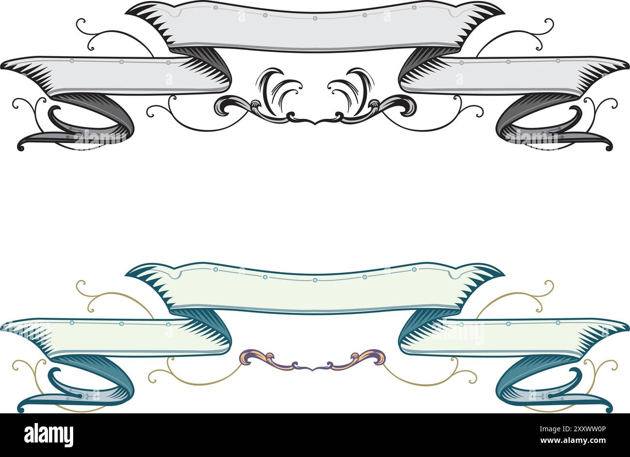 Hand drawn vintage manuscript ribbons colored set isolated vector ...
