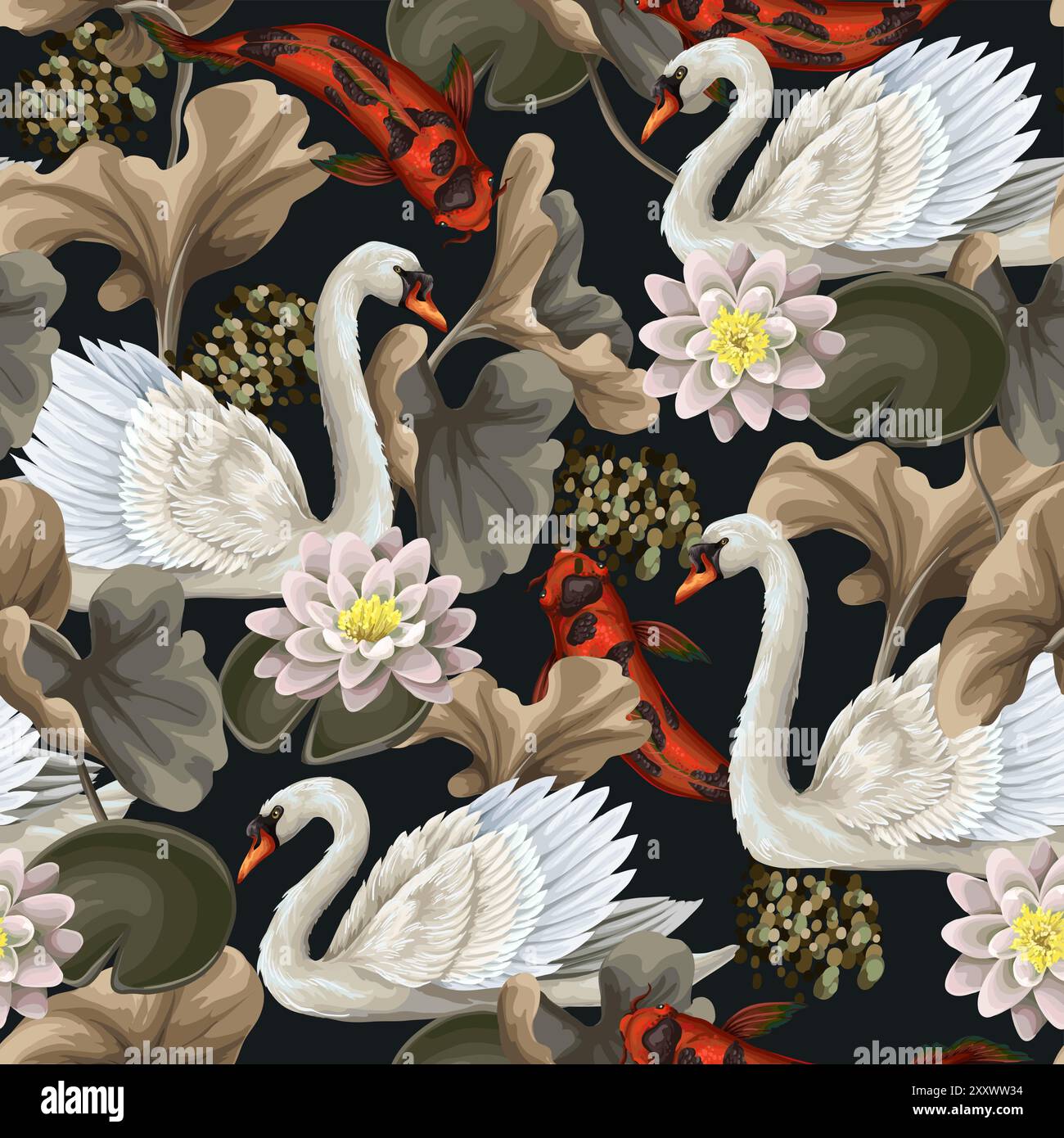 Seamless pattern with white swan and koi fishes. Vector Stock Vector ...