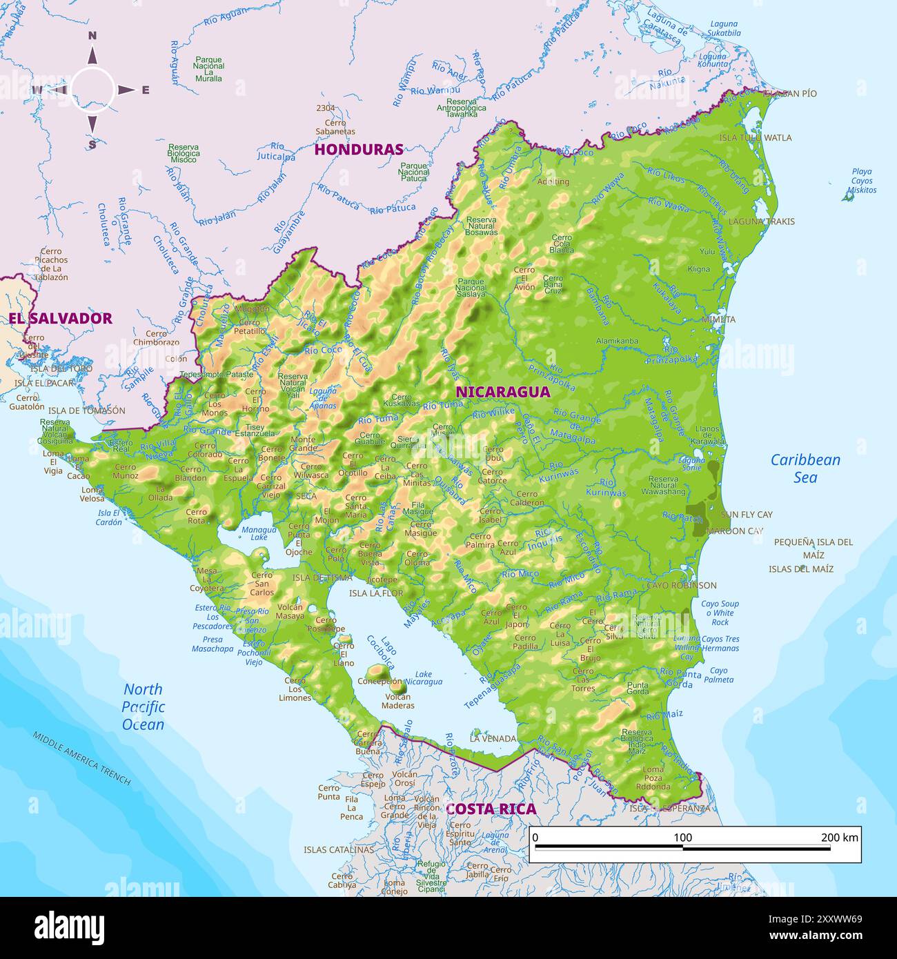 Physical map of nicaragua