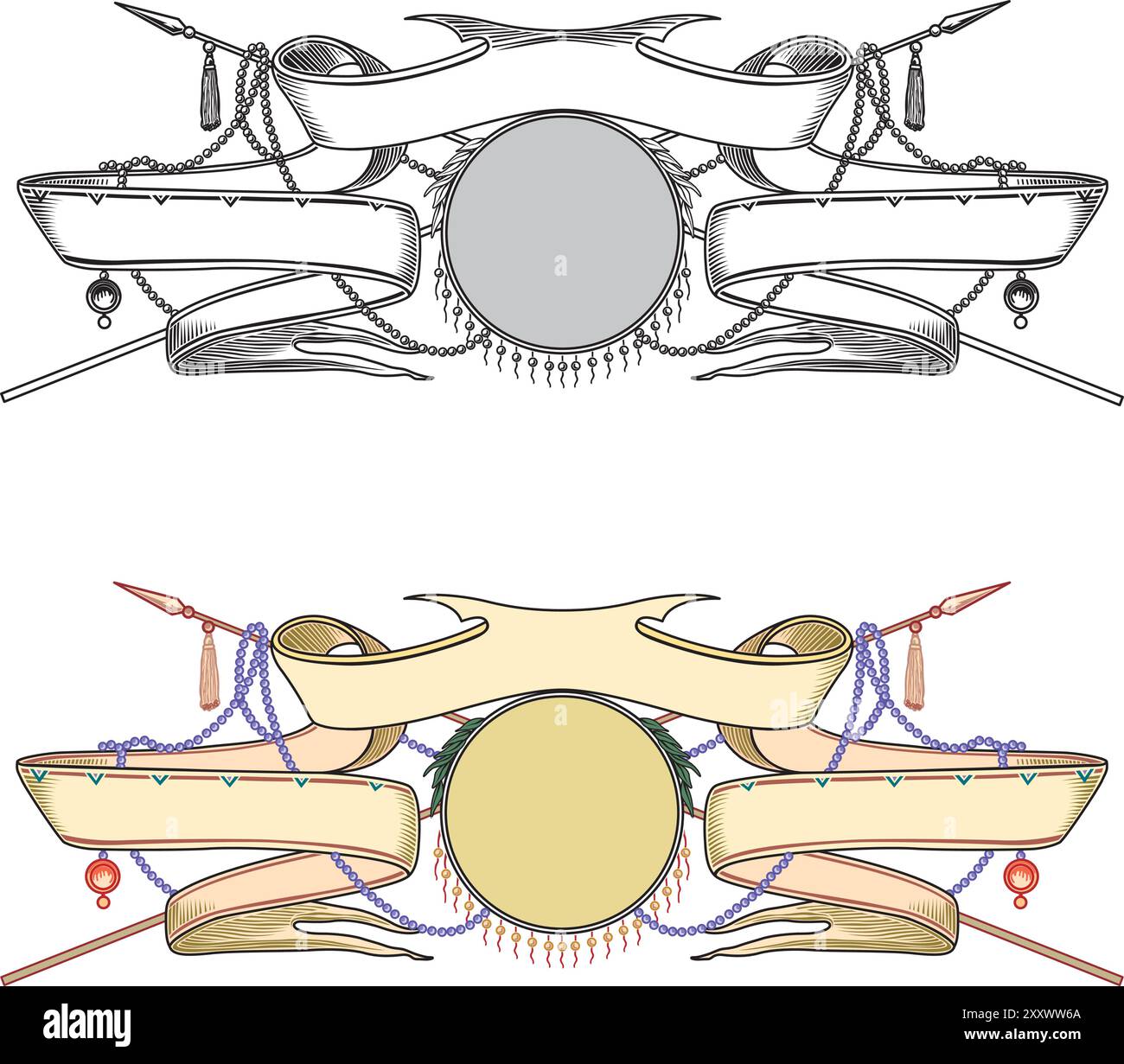 Hand drawn vintage manuscript ribbons colored set isolated vector ...