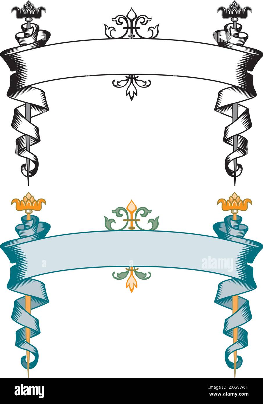 Hand drawn vintage manuscript ribbons colored set isolated vector ...