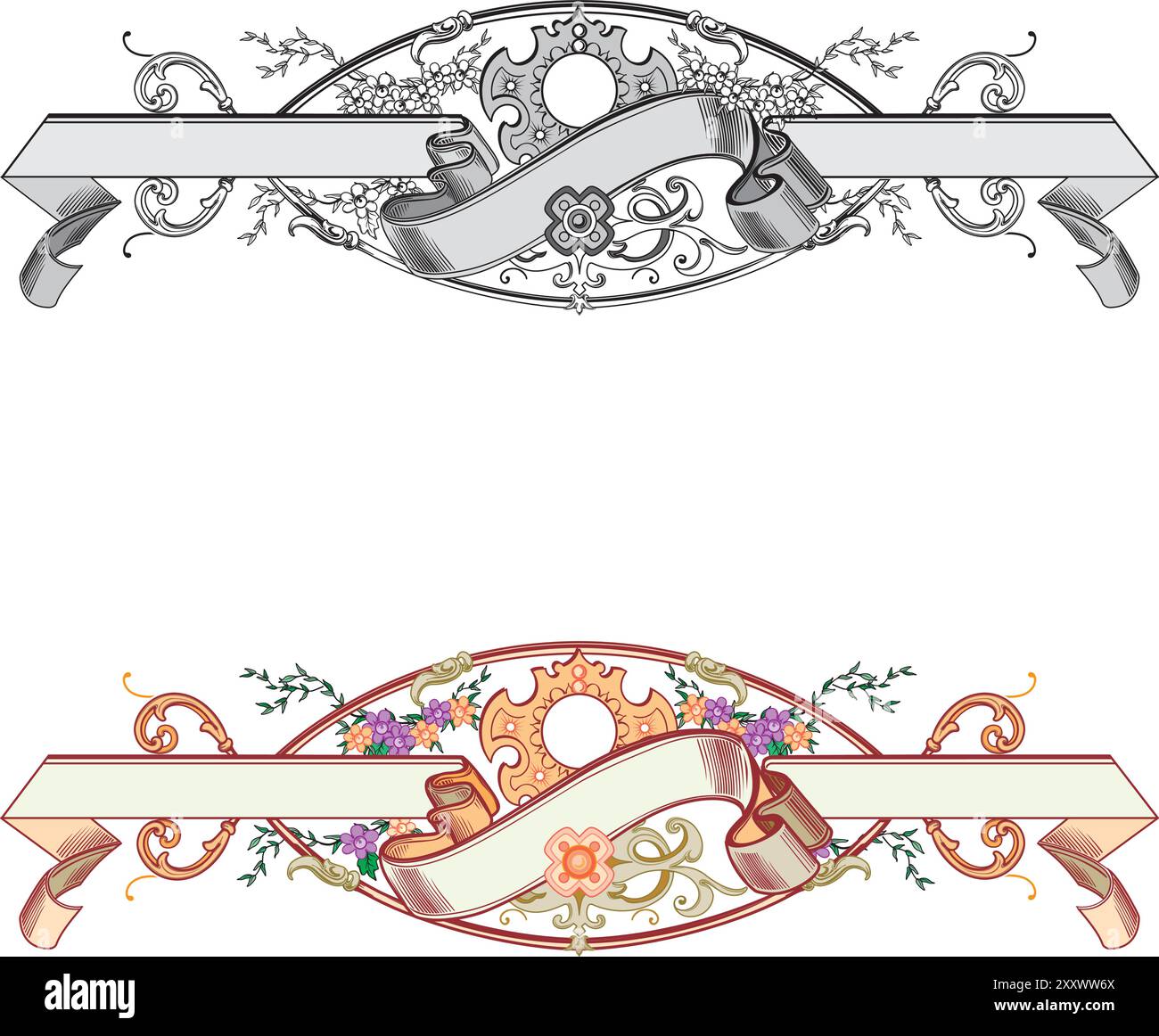 Hand drawn vintage manuscript ribbons colored set isolated vector ...