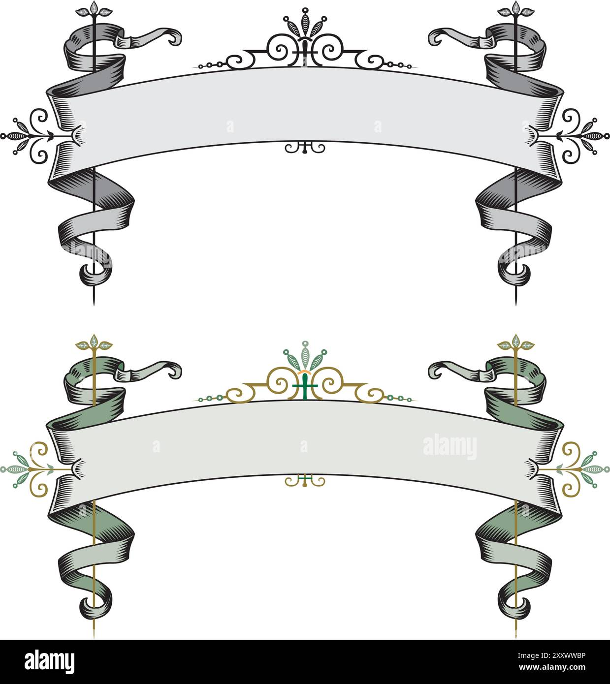 Hand drawn vintage manuscript ribbons colored set isolated vector ...