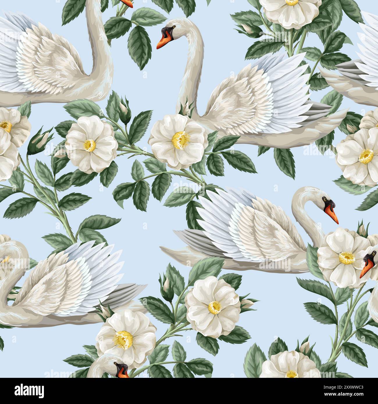 Seamless pattern with white swan and roses. Vector Stock Vector Image ...