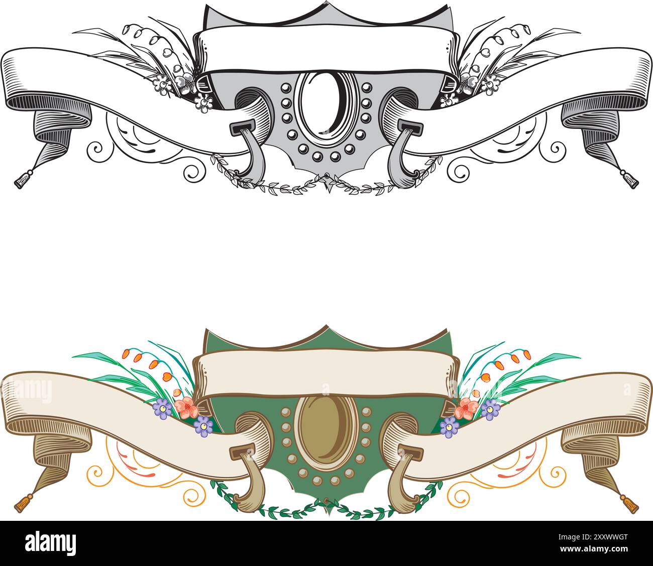 Hand drawn vintage manuscript ribbons colored set isolated vector ...