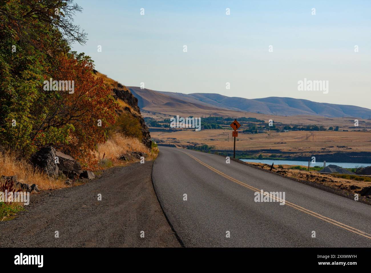 A winding road meanders through Pendleton, Oregon, tracing the contours ...