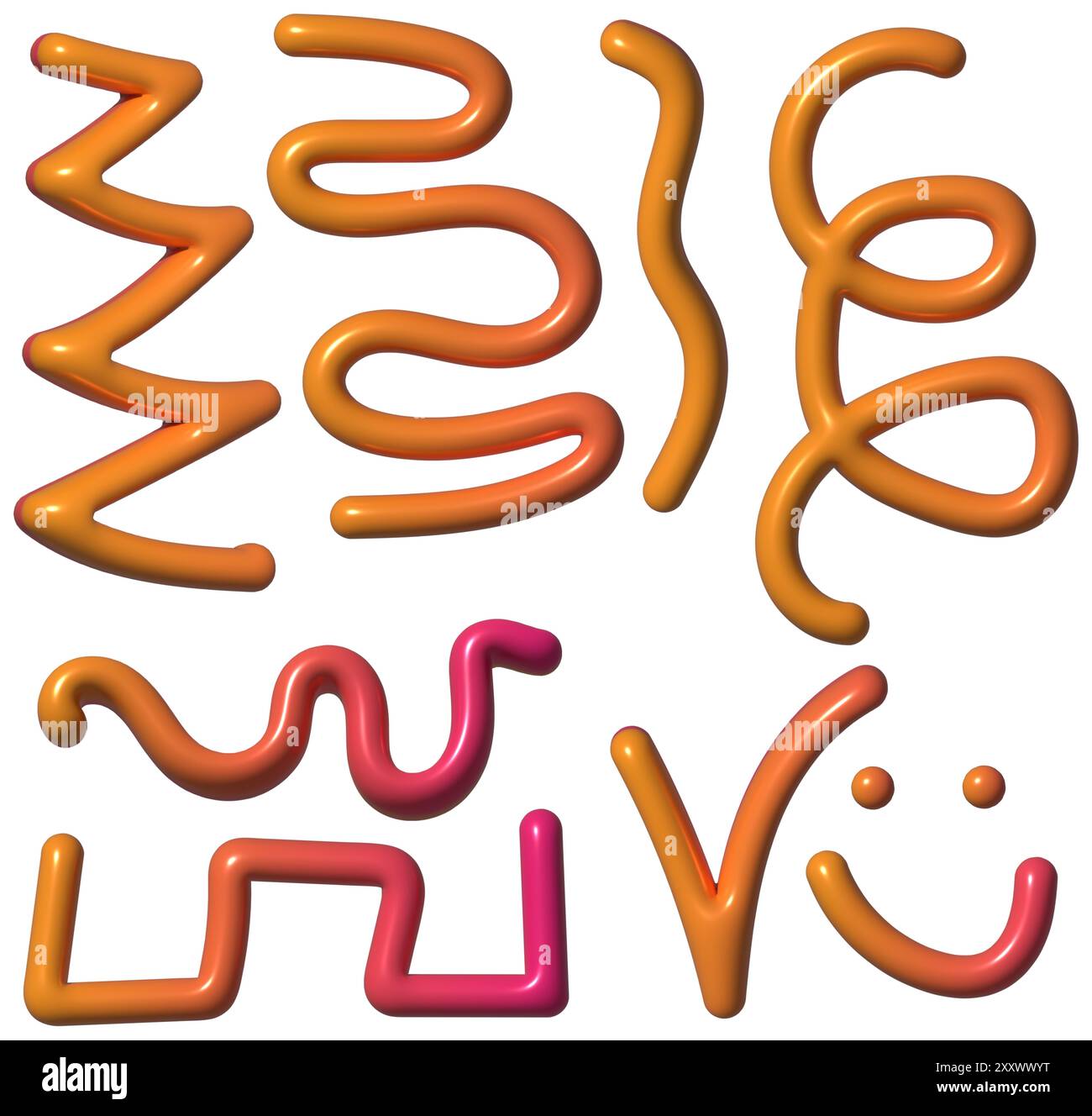 A set of various volumetric orange figures drawn by hand on a isolated ...