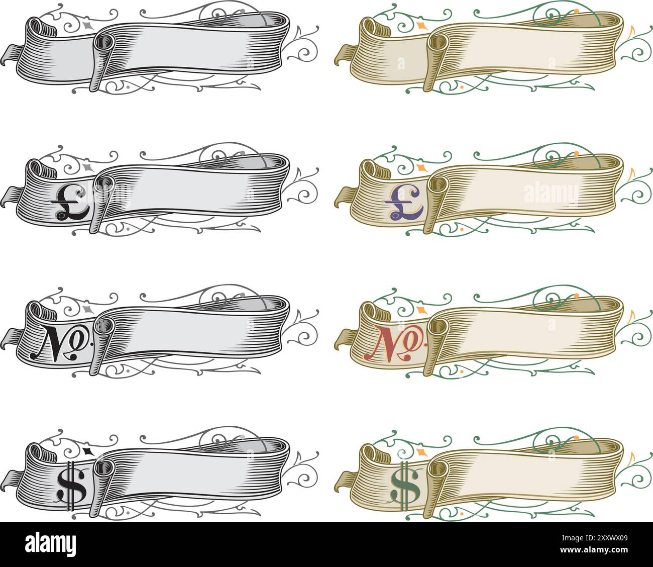 Hand drawn vintage manuscript currency ribbons colored set isolated ...