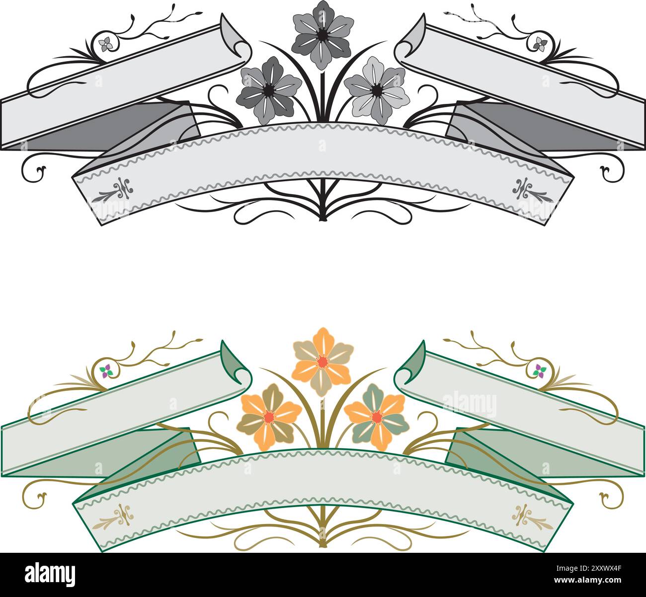 Hand drawn vintage manuscript ribbons colored set isolated vector ...