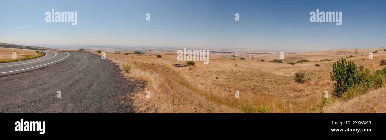 A winding road meanders through Pendleton, Oregon, tracing the contours ...