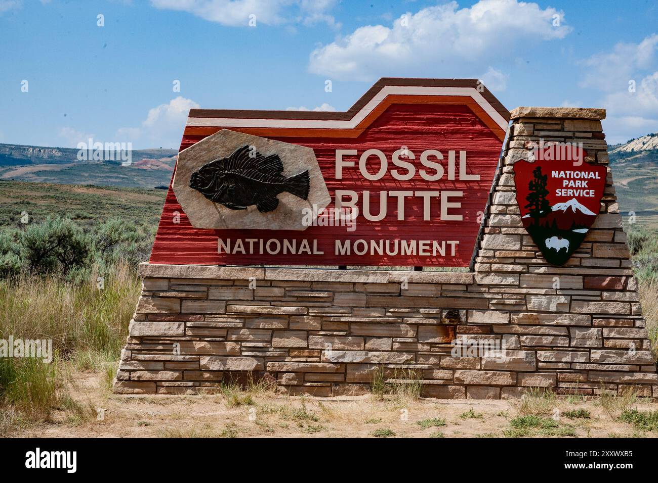 The Fossil Butte National Monument’s sign, featuring the distinctive ...