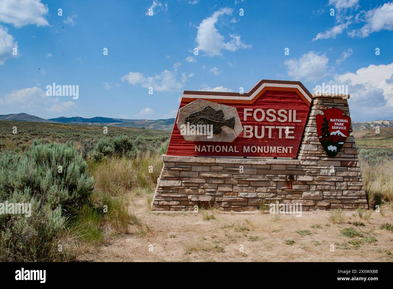 The Fossil Butte National Monument’s sign, featuring the distinctive ...