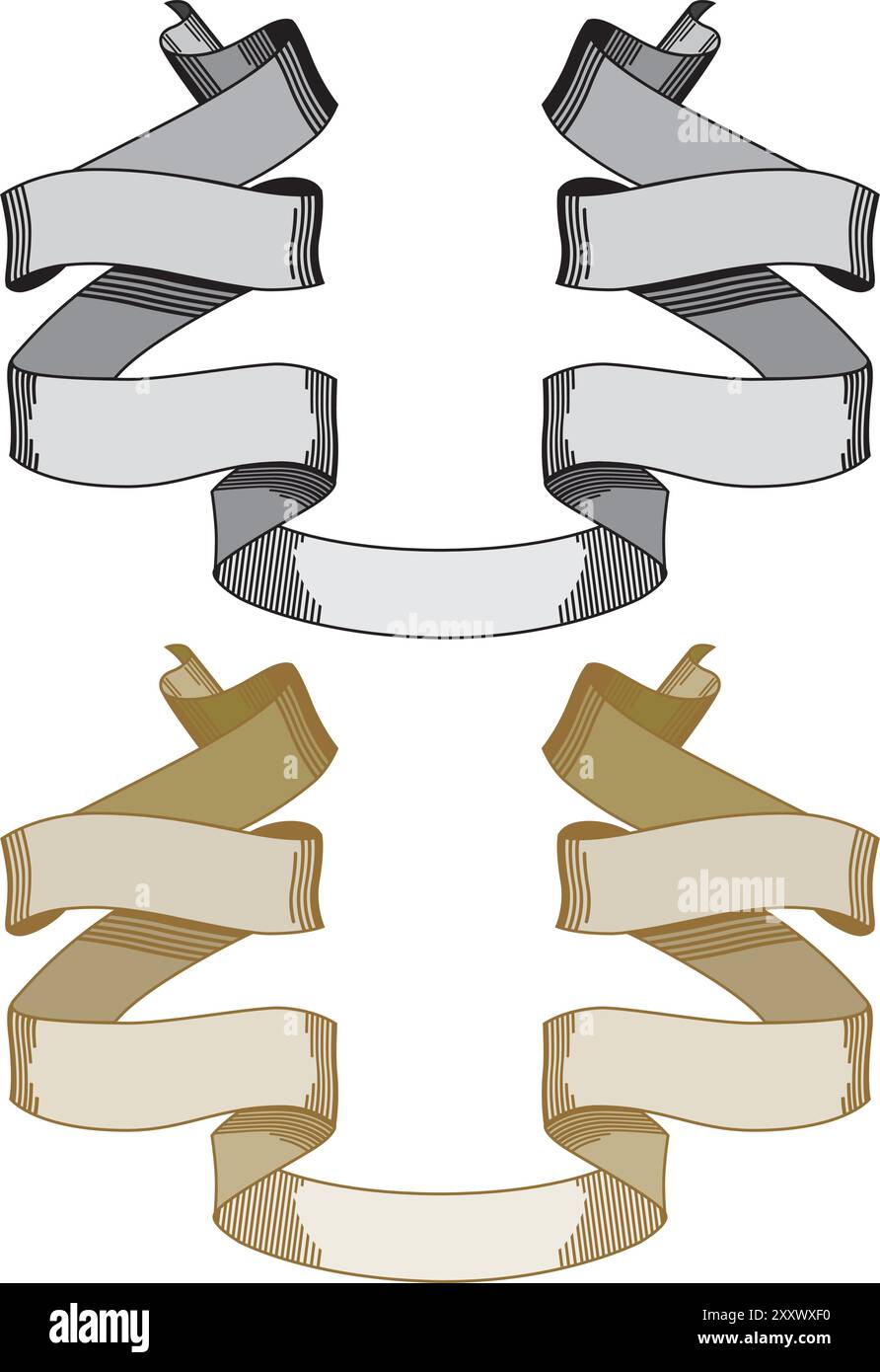 Hand drawn vintage manuscript ribbons colored set isolated vector ...