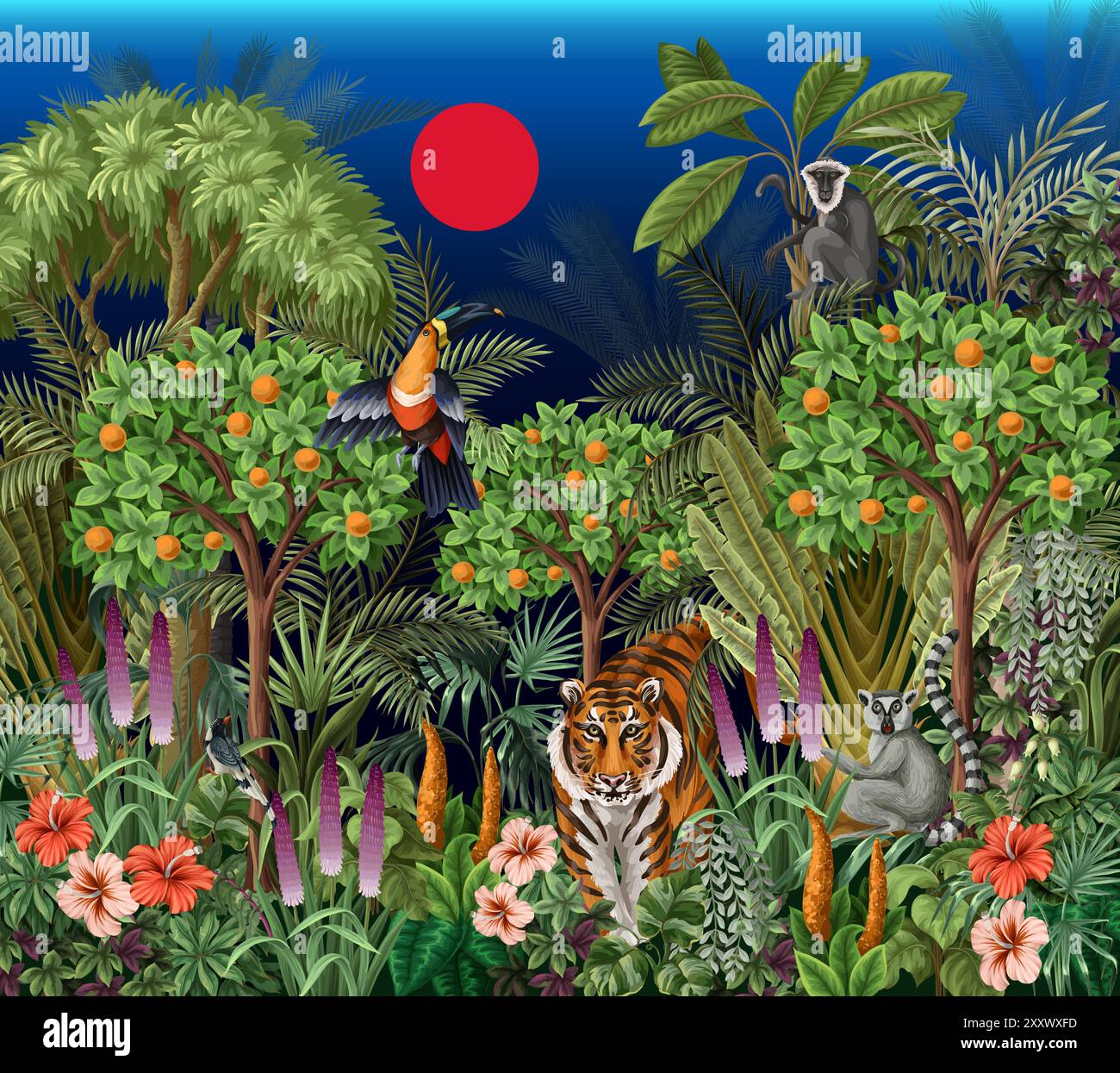 Landscape with jungle trees and animals for kids wallpapers. Vector ...