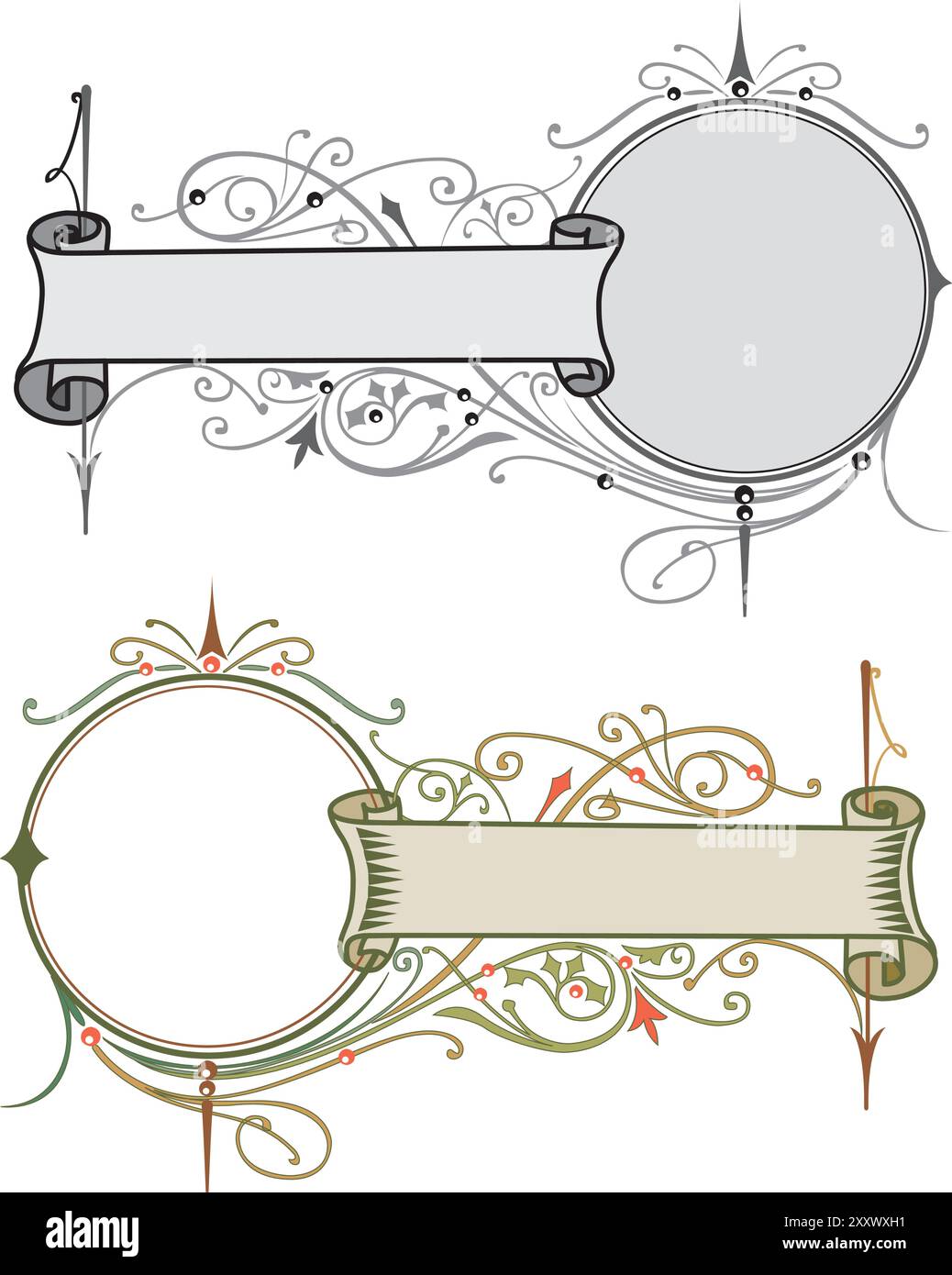 Hand drawn vintage manuscript ribbons colored set isolated vector ...