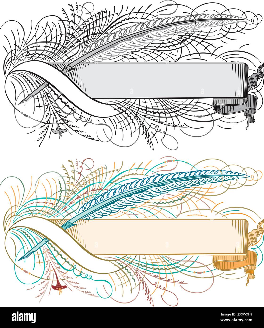 Hand drawn vintage manuscript ribbons colored with feather set isolated ...
