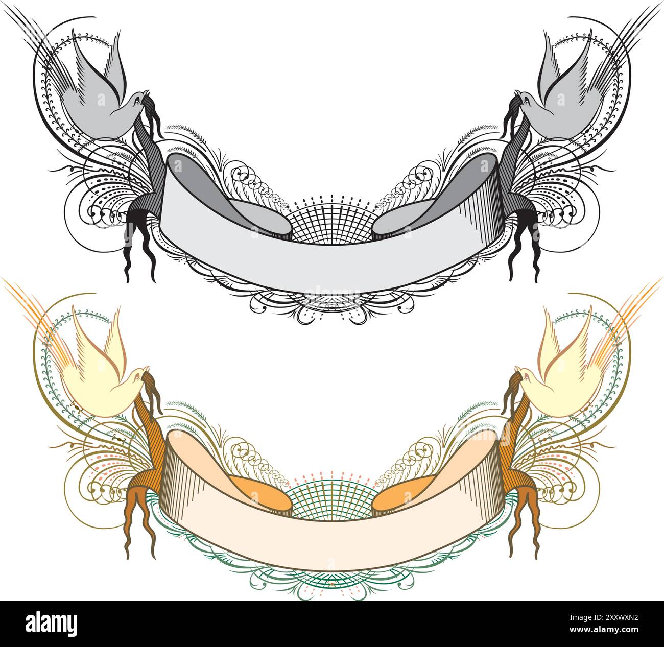 Hand drawn vintage manuscript ribbons colored set isolated vector ...