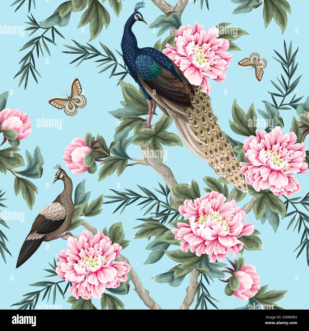Seamless pattern with Chinese peonies and peacocks. Vector Stock Vector ...