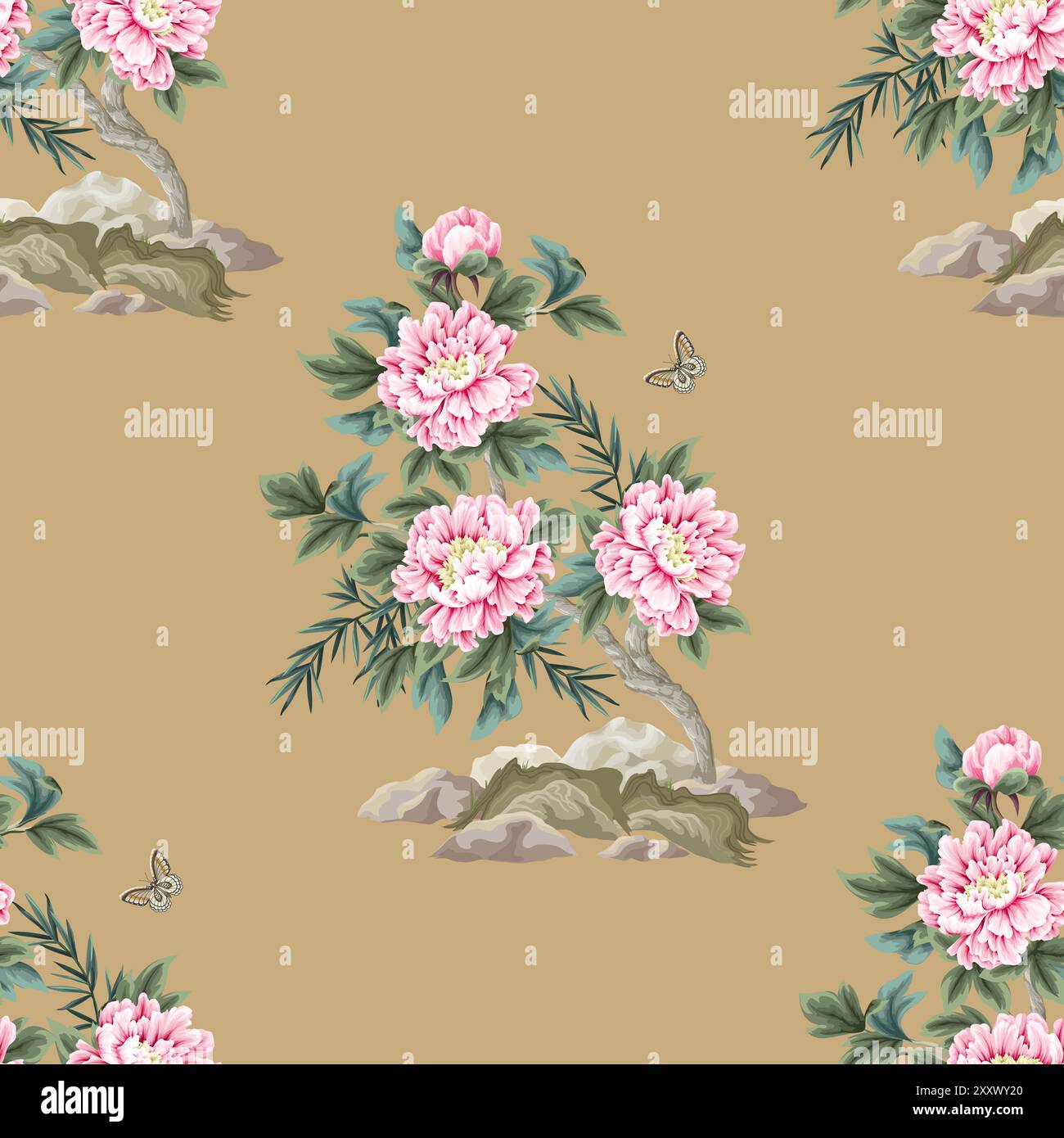 Seamless pattern with Chinese peonies and butterfly. Vector Stock ...