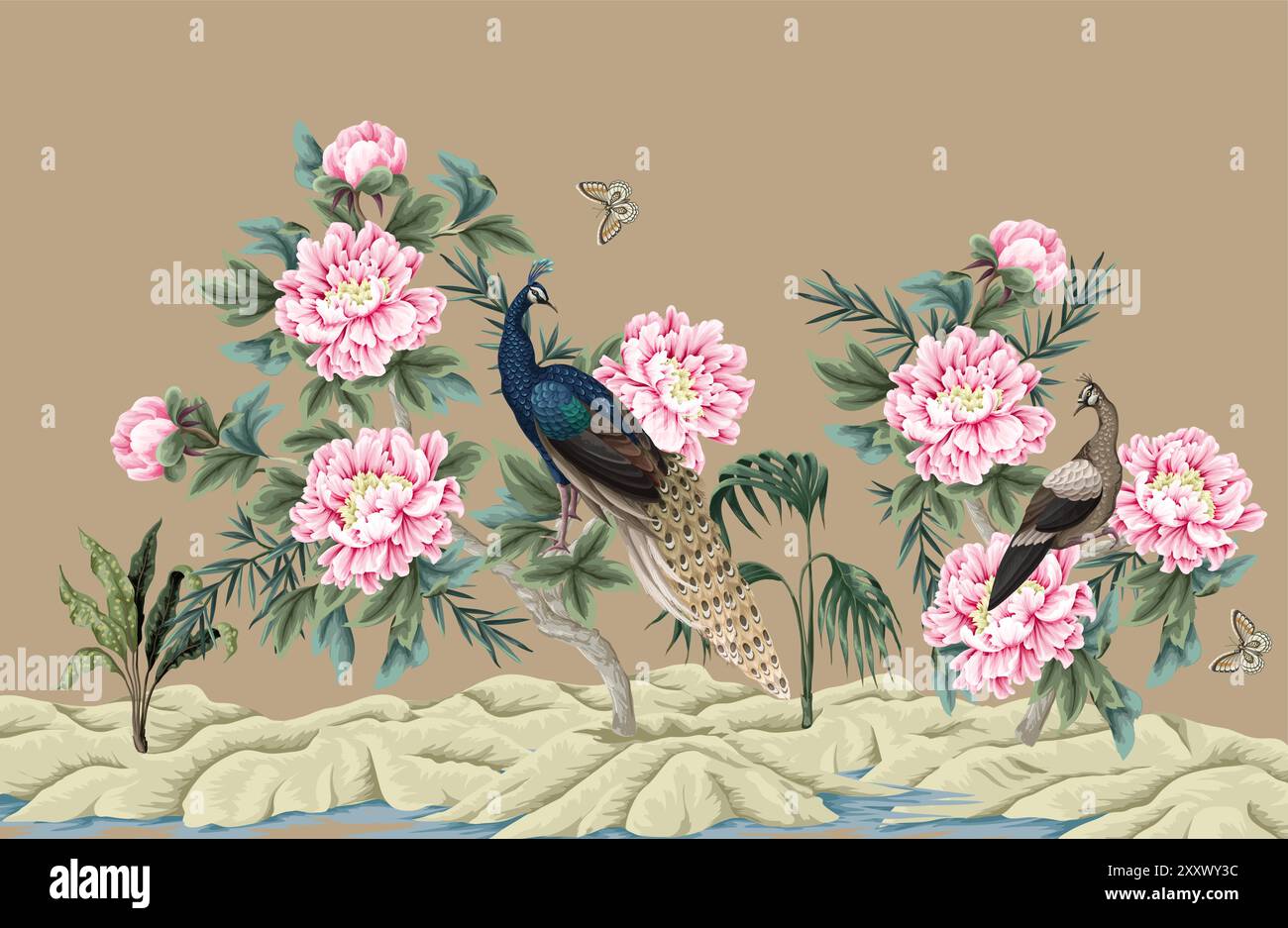 Mural with Chinese peonies and peacocks. Vector Stock Vector Image ...