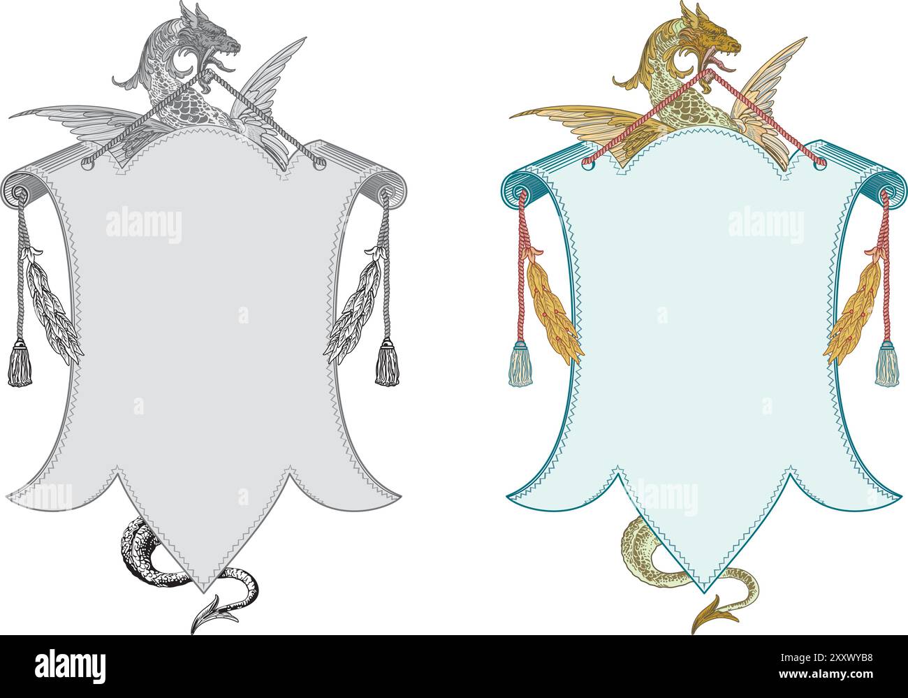 Hand drawn vintage manuscript ribbons colored set isolated vector ...