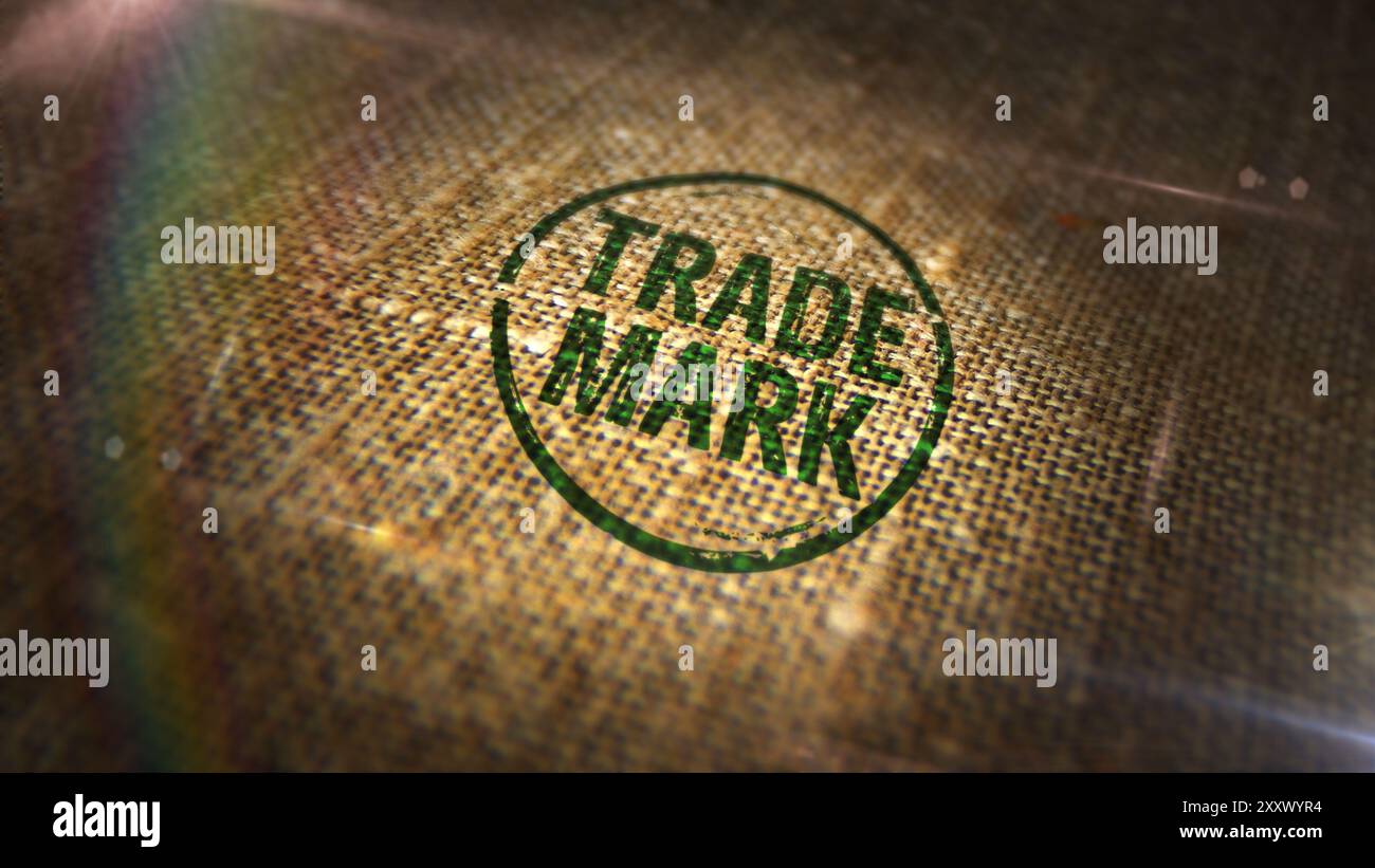 Trademark stamp printed on linen sack. Trade mark intellectual property ...