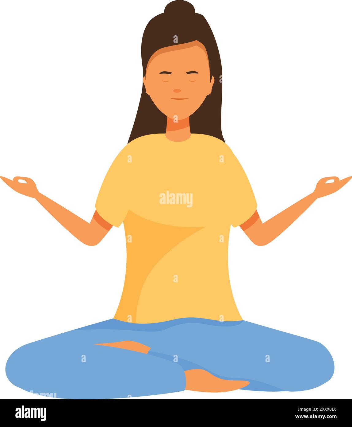 Young woman is meditating with her eyes closed in the lotus position ...