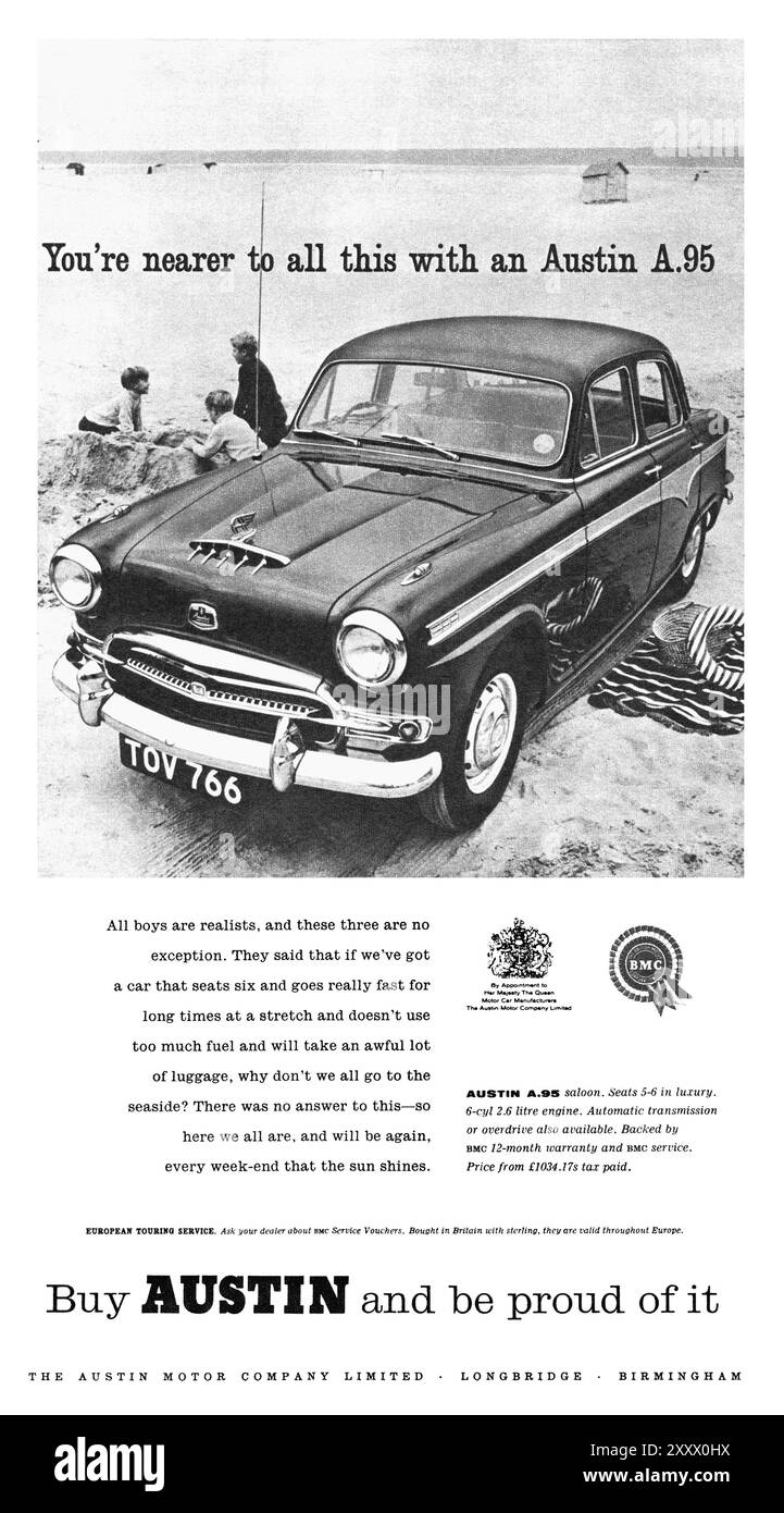 1958 British advertisement for the Austin A.95 saloon motor car Stock ...