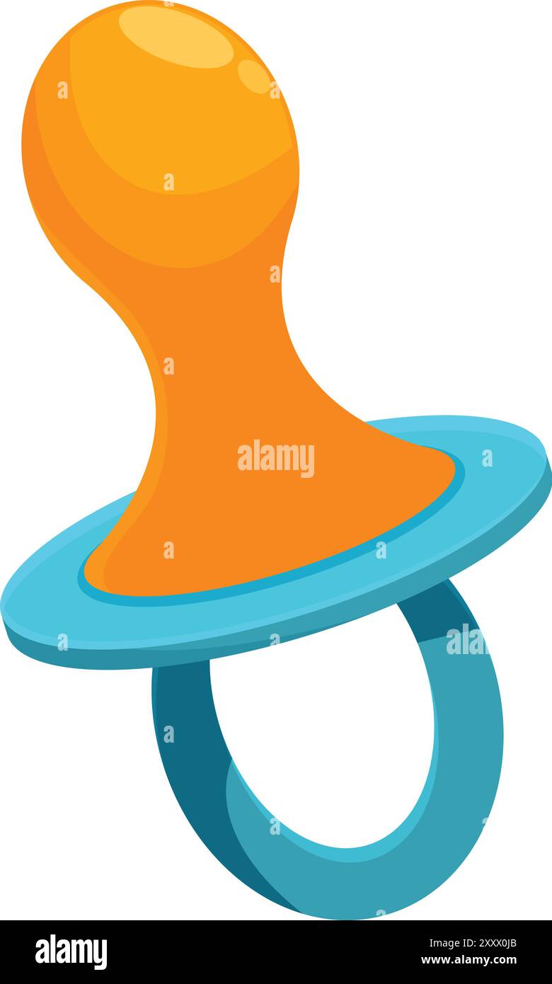 Baby blue and orange pacifier with ergonomic shape is lying on white ...