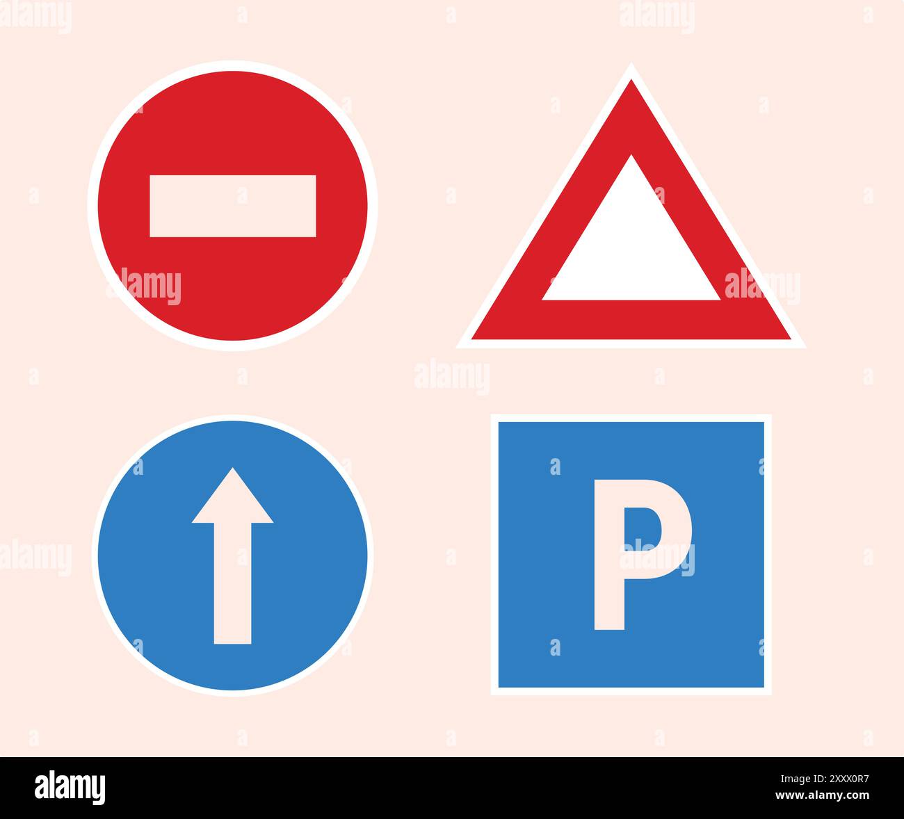 No entry, give way, straight ahead and parking traffic signs on a light ...