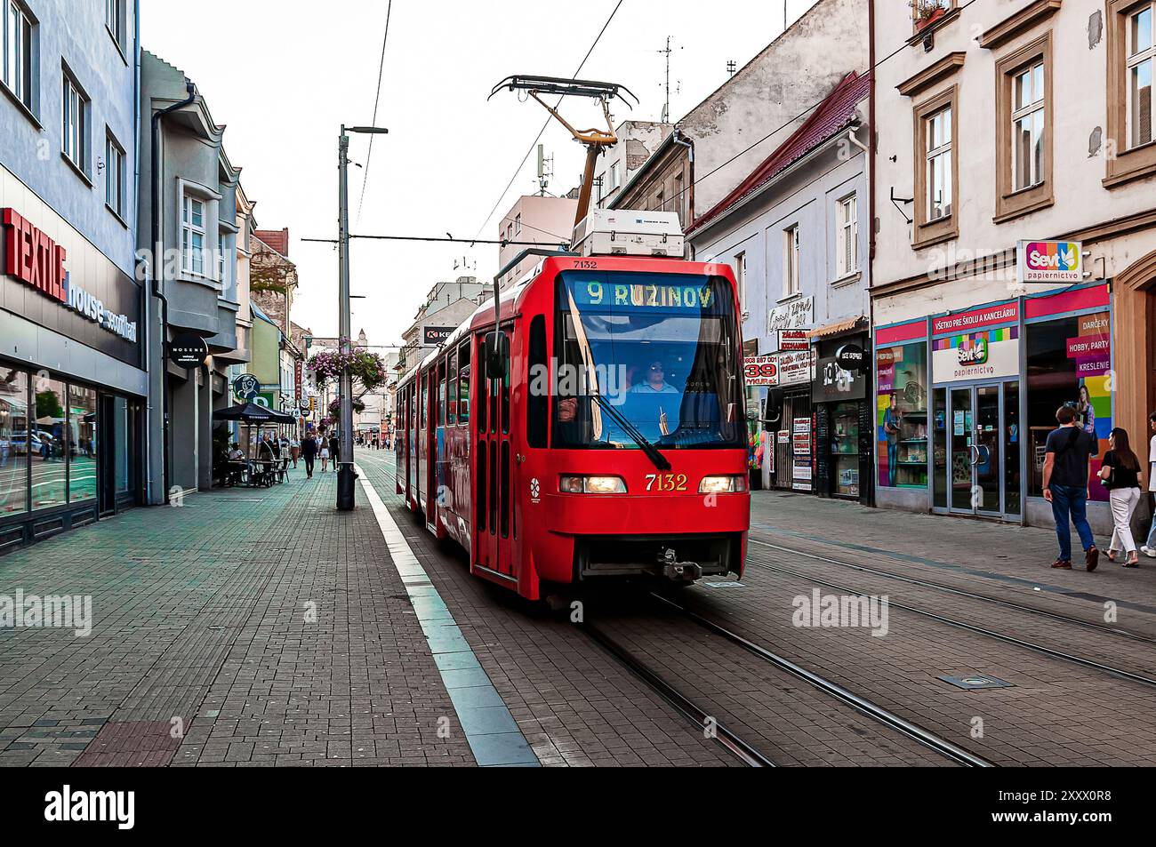 a tram, destined for Ruzinov, crosses the center of Bratislava Stock ...