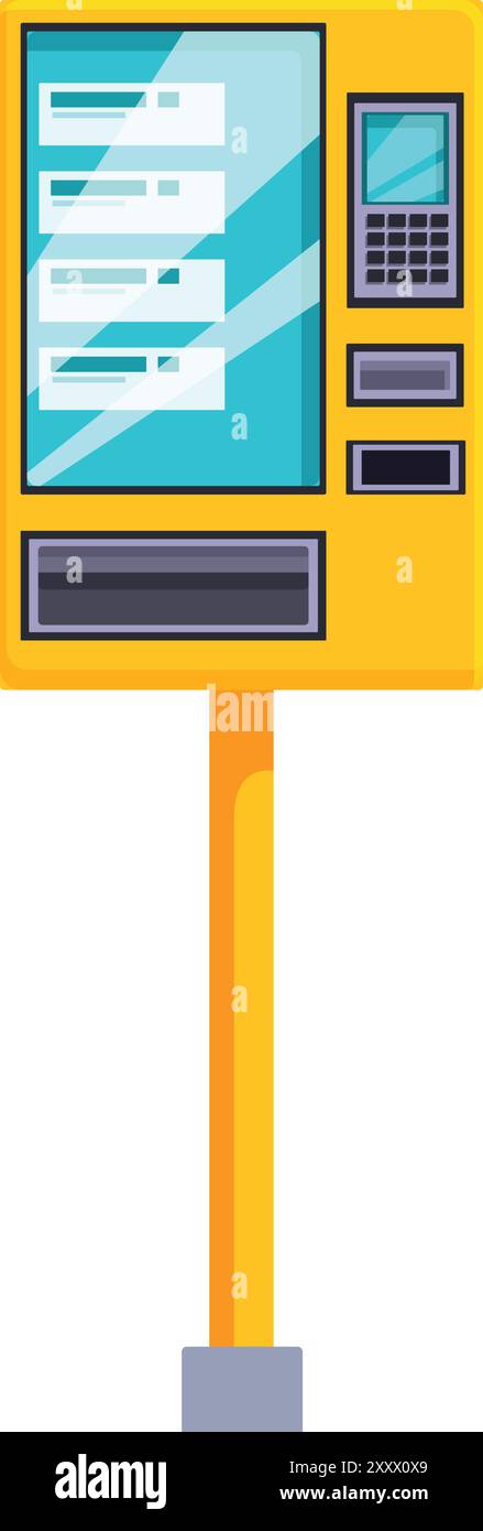 Yellow vending machine standing on a pole, offering a variety of snacks ...