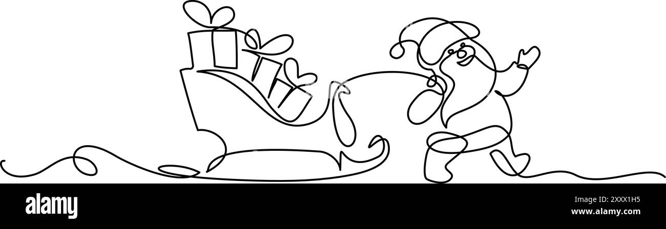Little Santa carrying sleigh with gifts boxes. Continuous one line ...