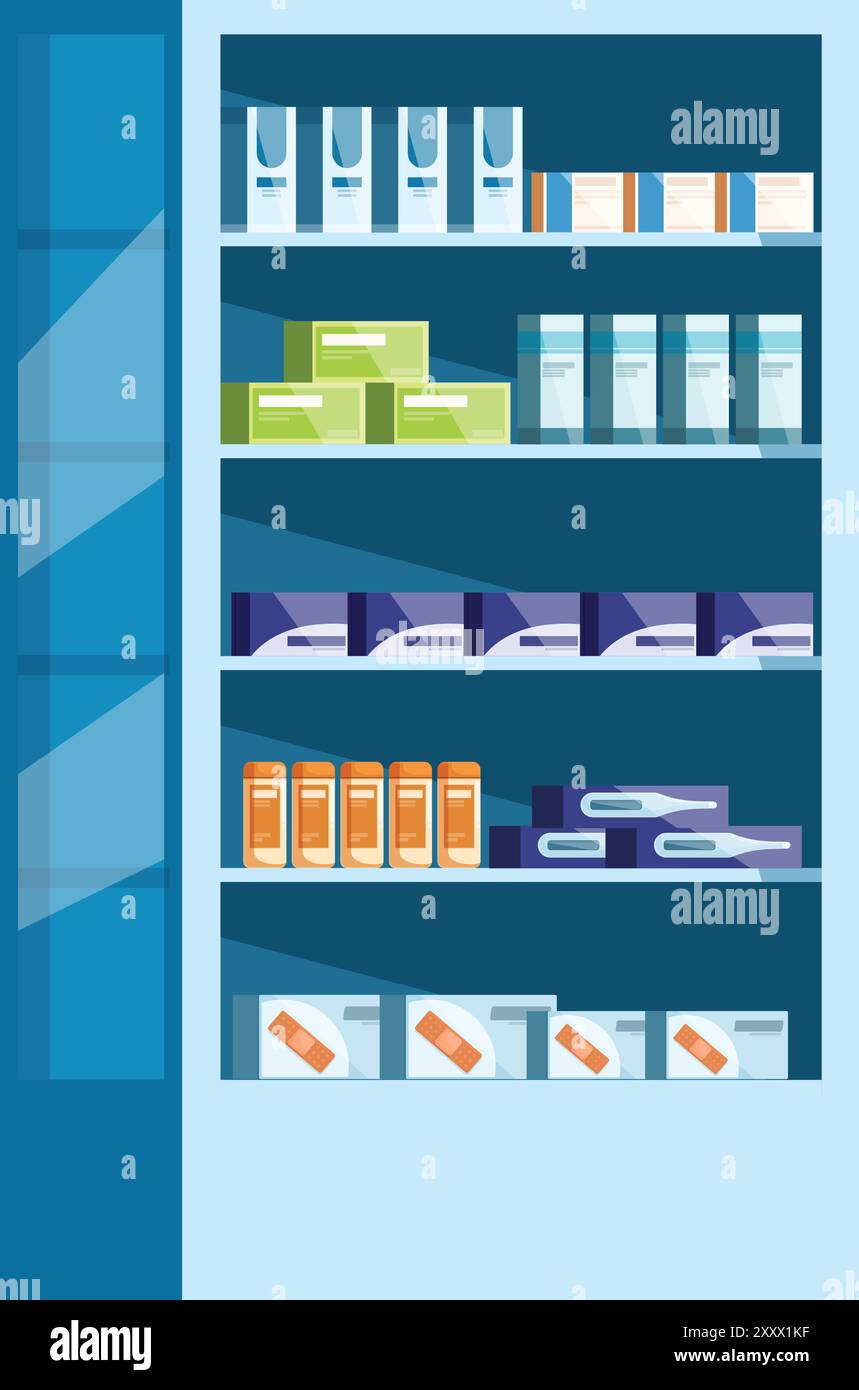 Pharmacy drugstore shelf is stocked with various medicine packages ...