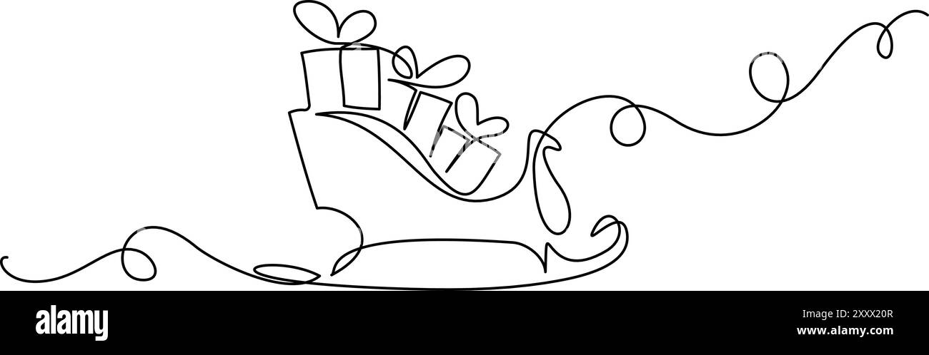Santa sleigh with boxes of presents. Continuous one line drawing Stock ...