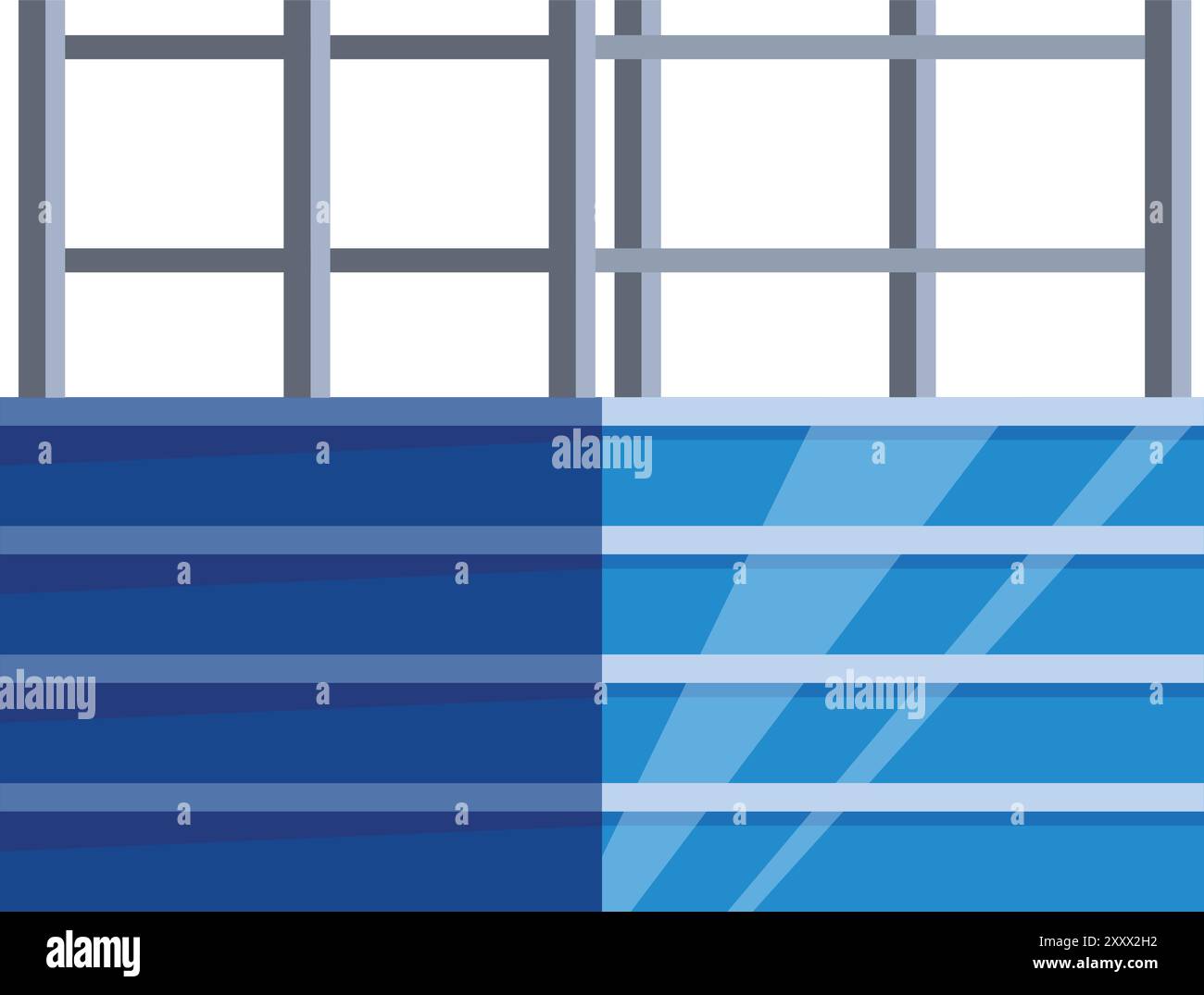 Modern building facade with glass windows and steel fence reflecting ...