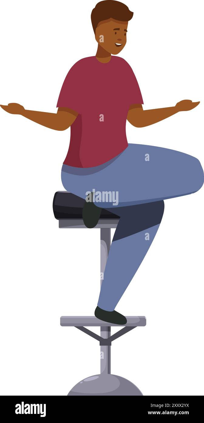 Young man sitting on a stool is explaining something, gesturing with ...