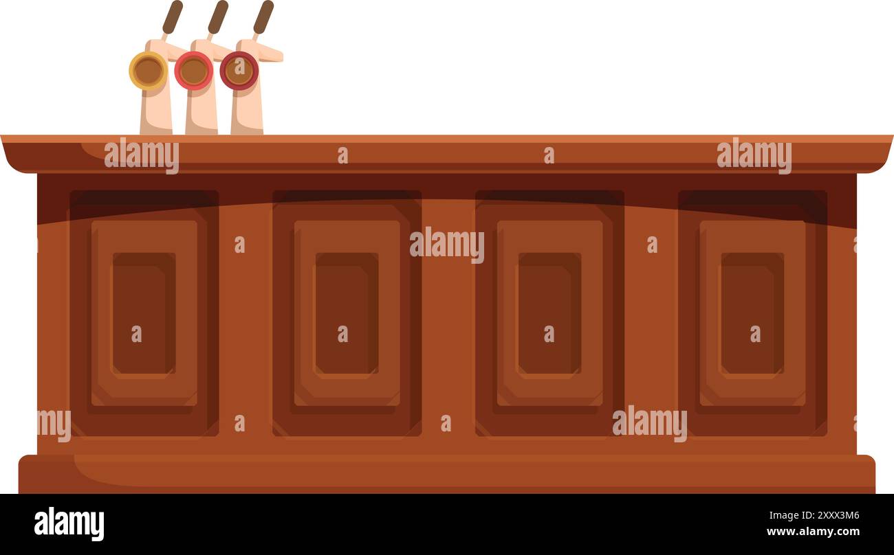 Empty wooden bar counter with beer taps standing on white background ...