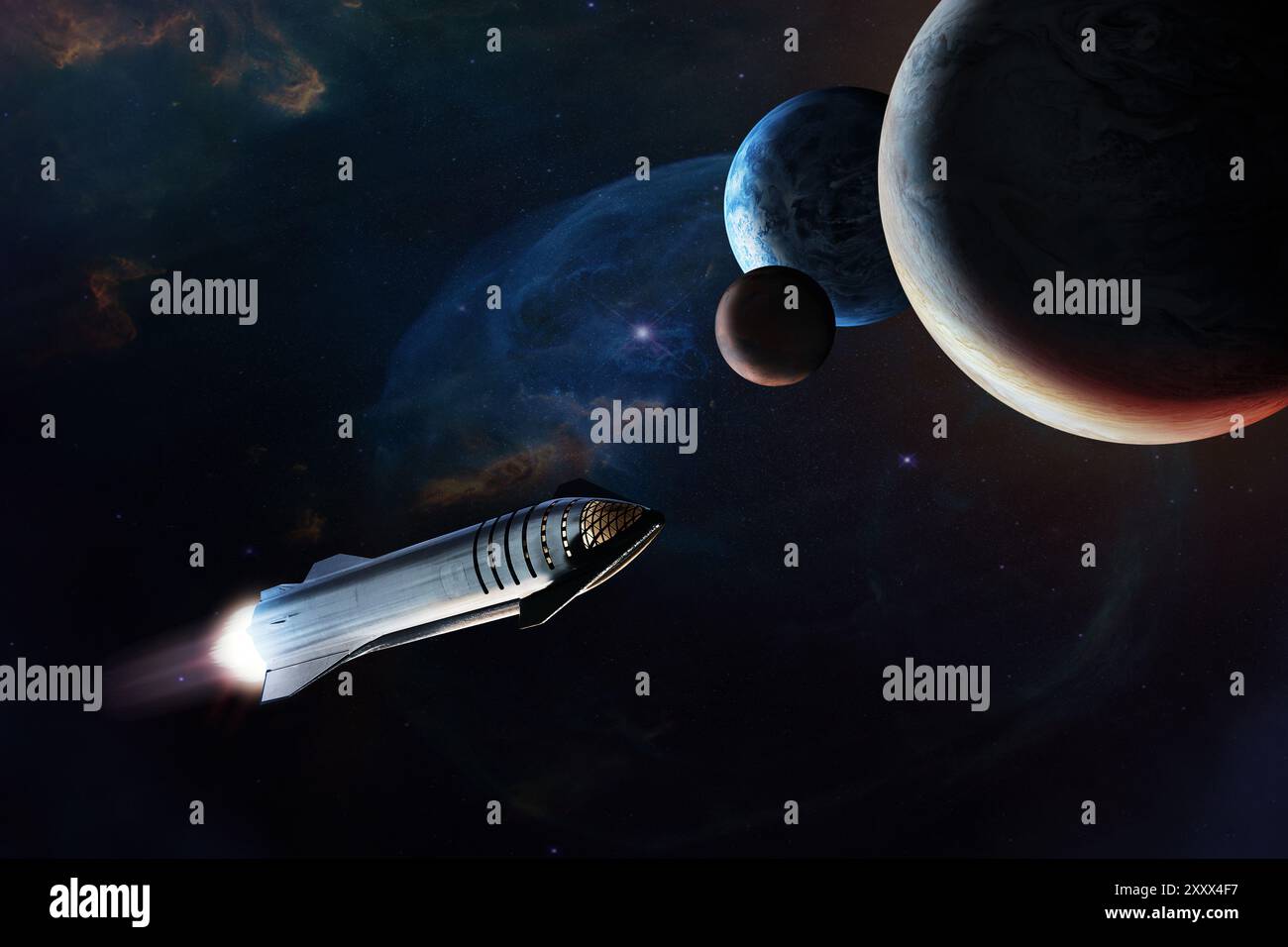 Heavy Starship in outer space with alien planets background. Elements ...