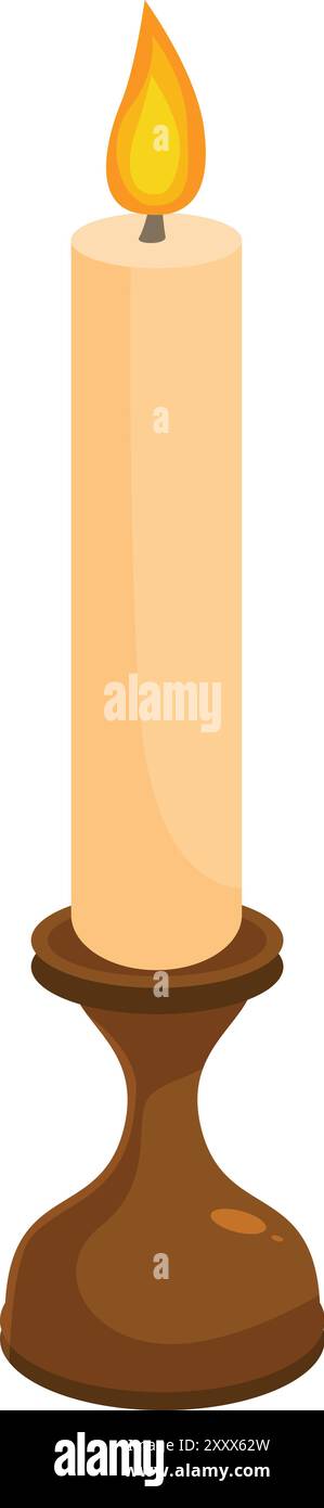 Cartoon illustration of a tall candle burning brightly in a wooden ...