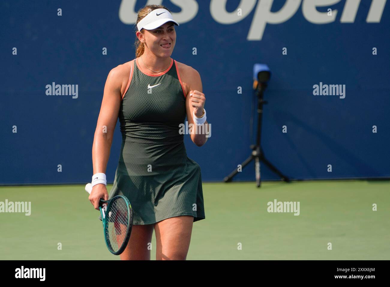 Paula Badosa, of Spain, reacts after defeating Viktorija Golubic, of ...