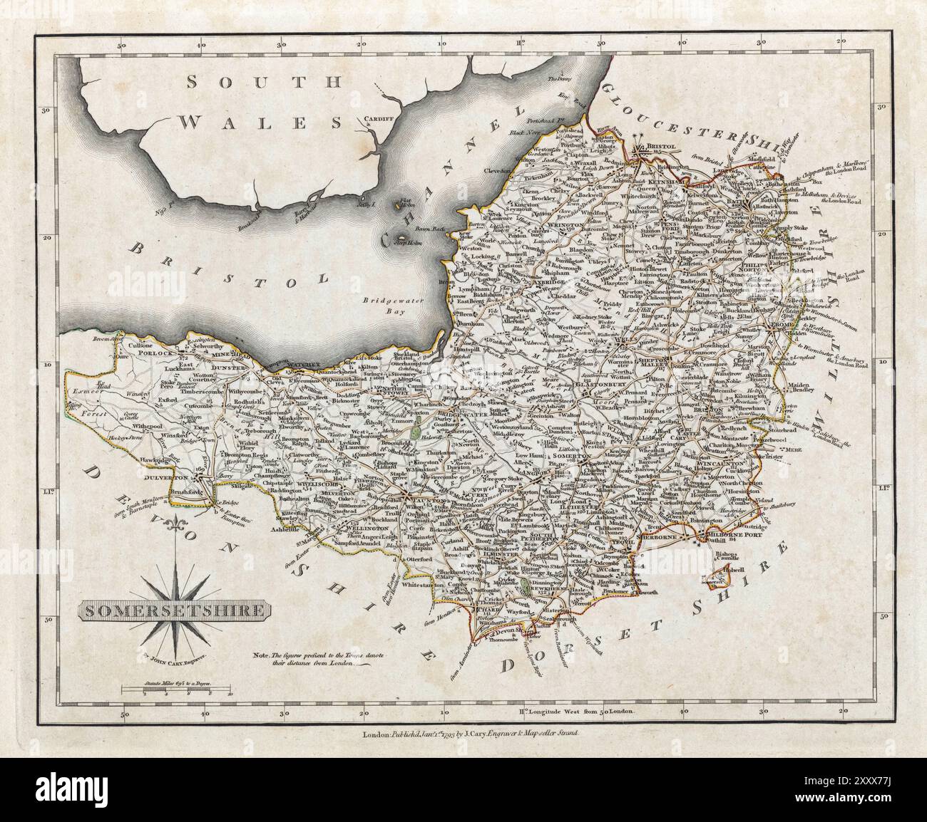 An 18th century vintage map depicts the English county of Somerset or ...