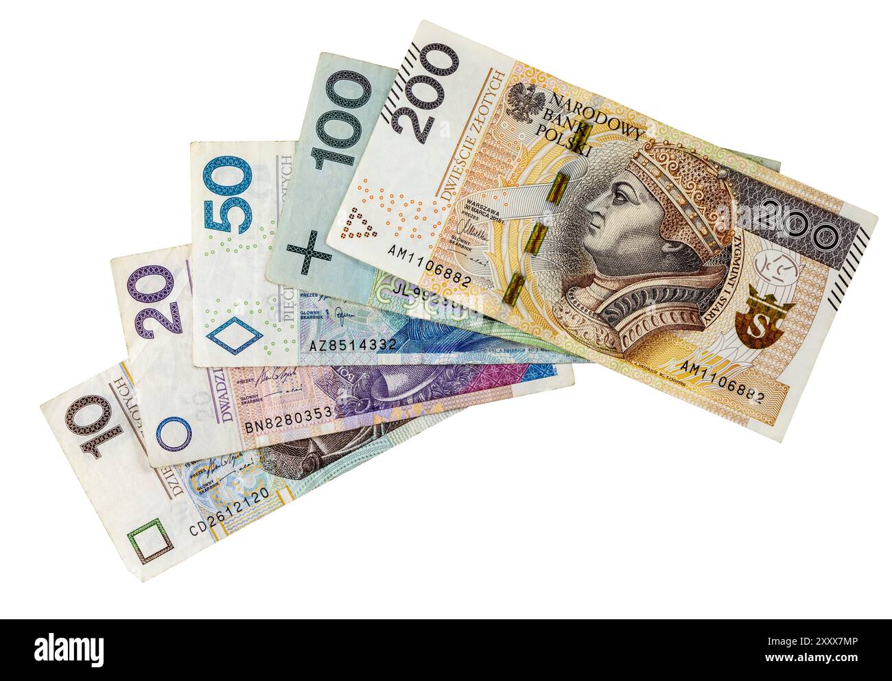 Range of Polish banknotes 10, 20, 50, 100, 200 Zloty on white ...