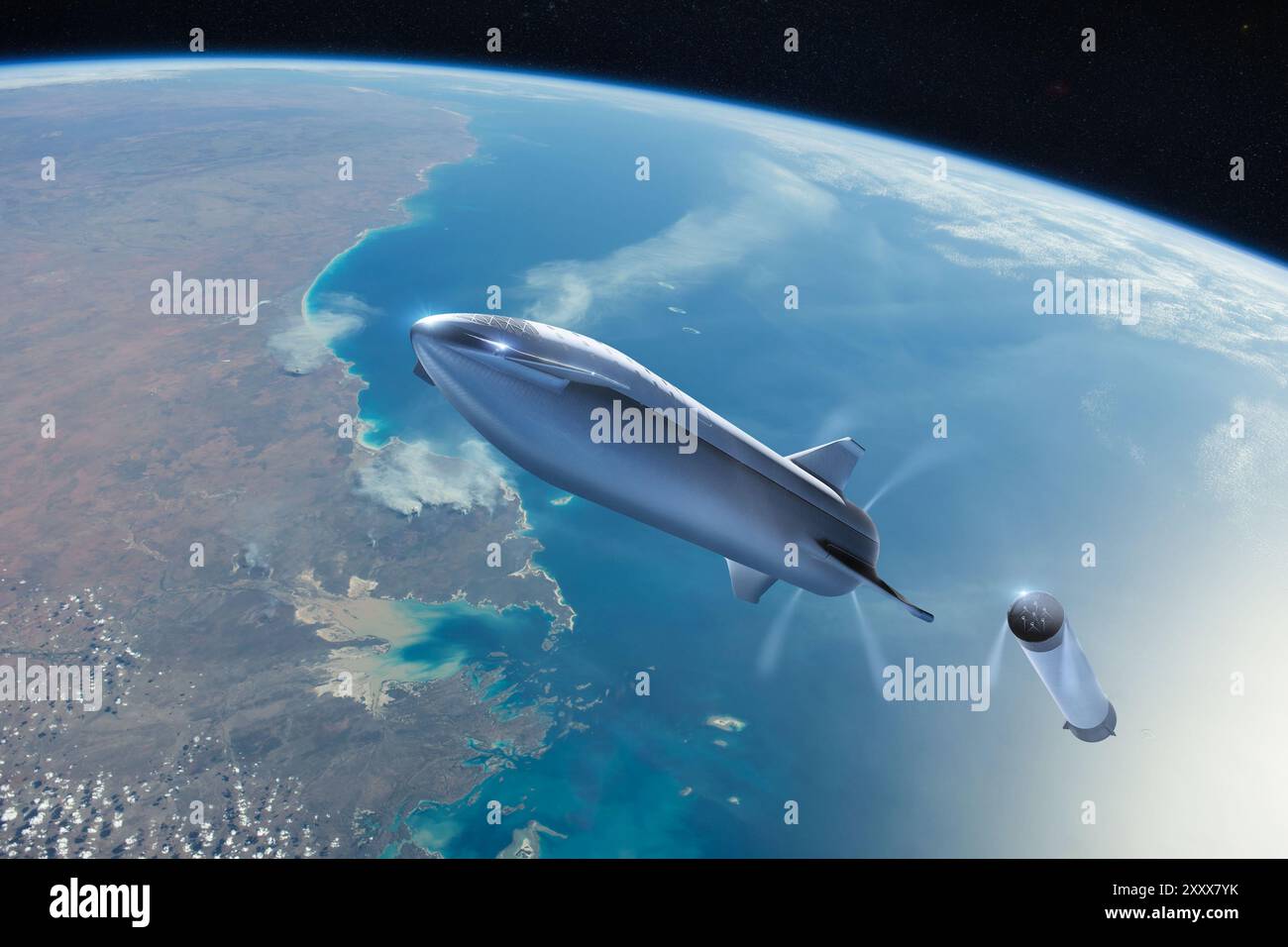 Starship take off in low-Earth orbit. Elements of this image furnished ...