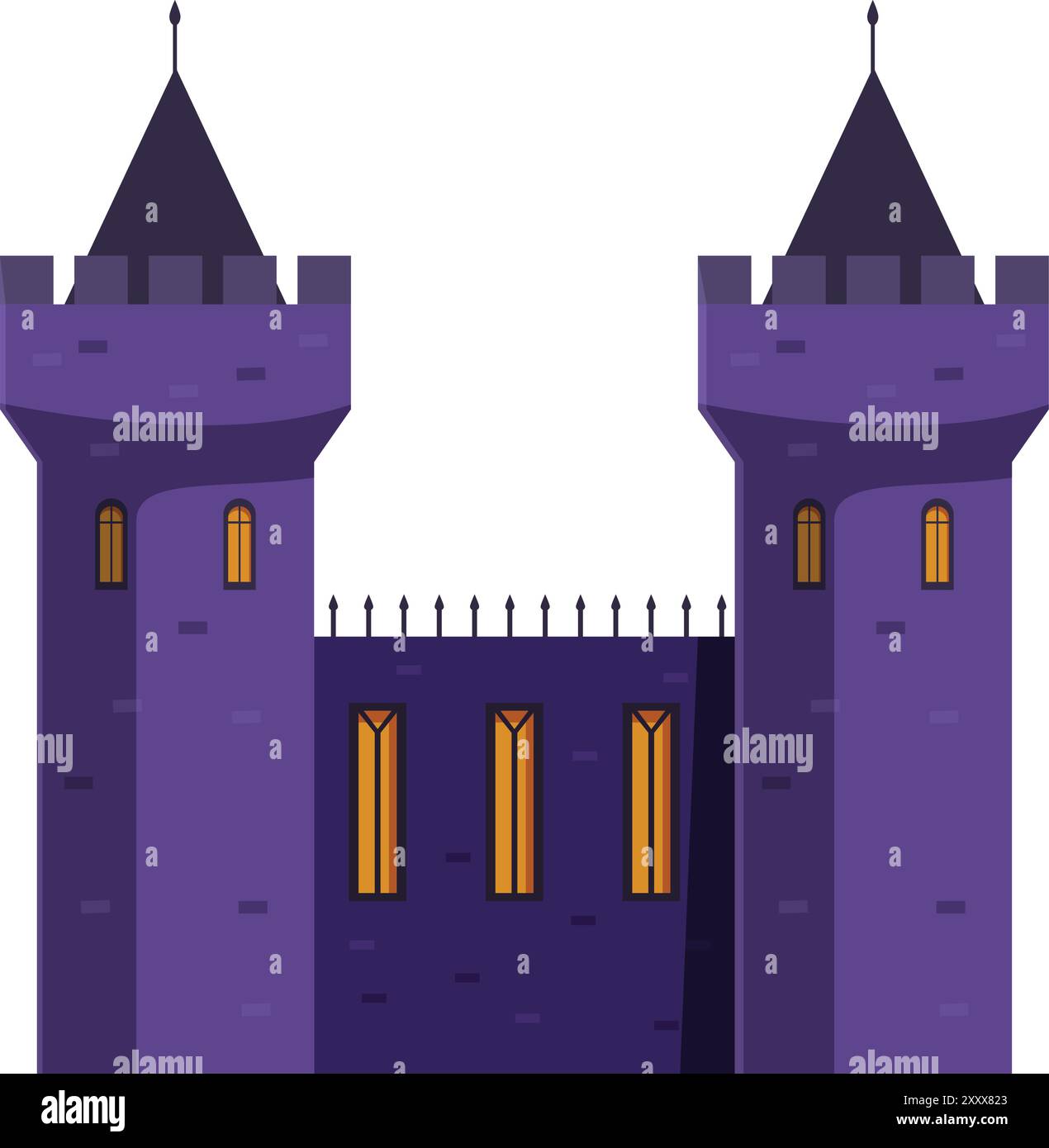 Spooky medieval castle with burning windows is standing at night Stock ...