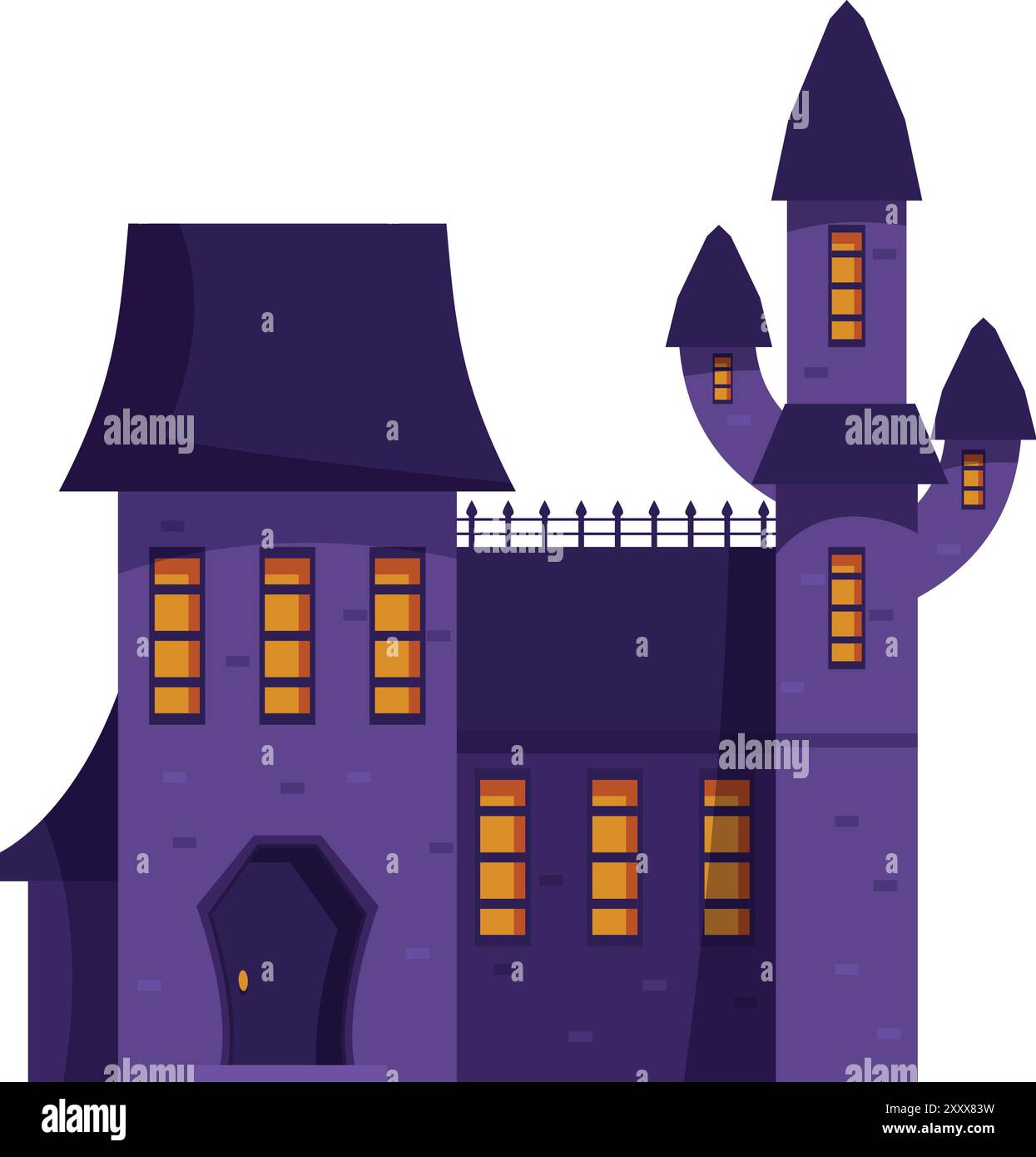 Spooky castle with glowing windows is standing under the night sky ...