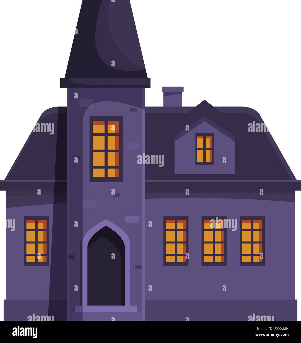 Gloomy victorian haunted house with tower shining windows at night ...