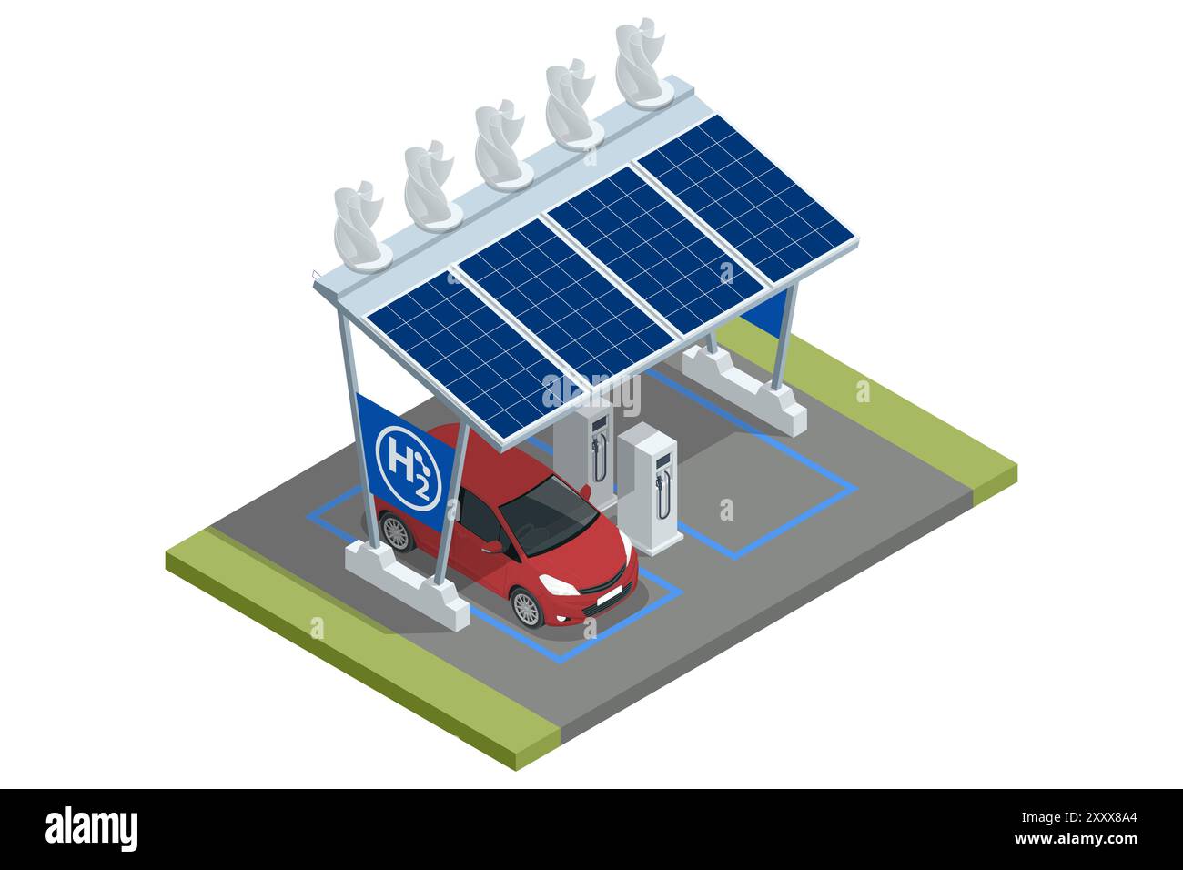 Isometric Hydrogen fuel powered transport. Hydrogen fuel car charging ...