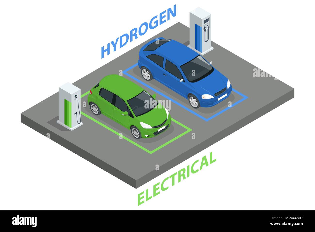Isometric Hydrogen fuel powered transport. Hydrogen fuel car charging ...