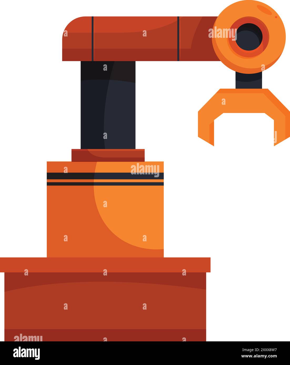 Orange robotic arm standing on a platform operating in a factory ...
